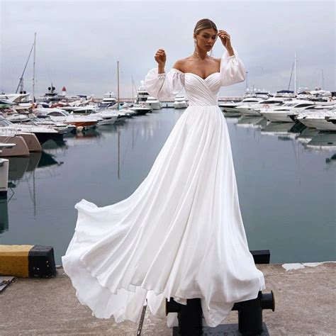 Womens Off Shoulder Beach Wedding Dresses With Long Sleeves Casual