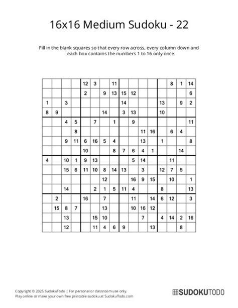 16x16 Medium Sudoku Puzzles Printable