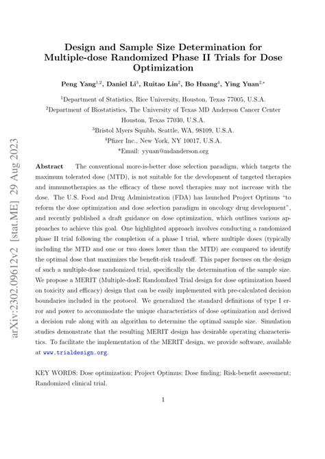 Pdf Design And Sample Size Determination For Multiple Dose Randomized Phase Ii Trials For Dose