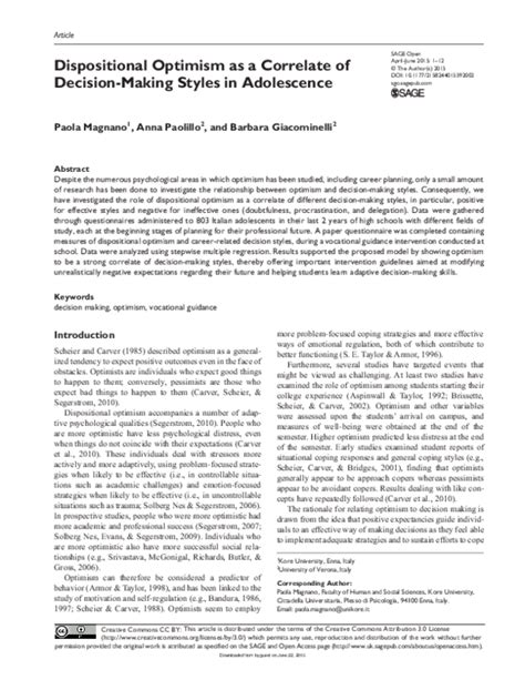 Pdf Dispositional Optimism As A Correlate Of Decision Making Styles In Adolescence