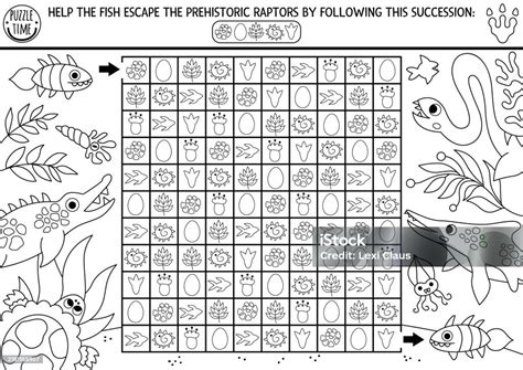 해양 공룡 흑인과 백인 미로 계란 나뭇잎 선사 시대 인쇄 활동 색칠 공부 페이지 아이들을 위해 요소의 연속이 있는 논리적인 선 찾기 퍼즐 물고기가 랩터를 탈출하도록