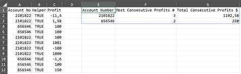 excel count and sum of consecutive profits by account number count