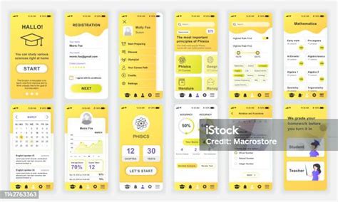 Ui Ux Gui 스크린 세트 모바일 앱을 위한 교육용 앱 평면 디자인 템플릿 교육에 대한 스톡 벡터 아트 및 기타 이미지