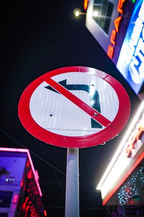 Vertical Low Angle View Of The No Left Turn Sign Against The Night Sky Editorial Photo Image