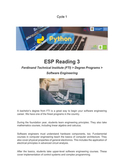 Esp Reading 3 Ferdinand Technical Institute Fti Degree Programs Software Engineering Pdf