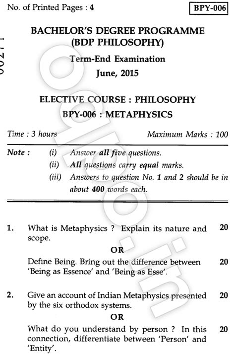 Ignou Bpy 006 Metaphysics Question Paper June 2015