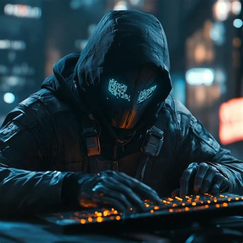 Masked Hacker With Glowing Eyes Typing In A Hightech Environment Premium Ai Generated Image