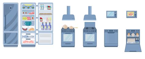 주방 가전 제품 세트 냉장고 전기 스토브 추출기 후드 식기 세척기 전자 레인지 음식과 비어 있는 오픈 및 폐쇄 플랫 스타일로