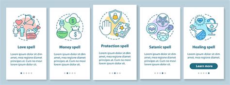 선형 개념으로 모바일 앱 페이지 화면을 온보딩하는 주문입니다 사랑 치유 사탄의 마법 연습 단계 그래픽 지침 위치 크래프트 Ux Ui 그림과 Gui 벡터 템플릿 5에 대한