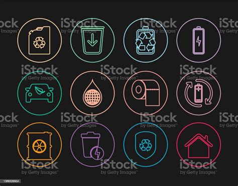 세트 라인 하우스 재활용 배터리 물 방울에 지구 행성 에코 자동차 드라이브 잎 연료 통 화장지 롤 및 쓰레기 아이콘에 보내기 벡터 0명에 대한 스톡 벡터 아트 및 기타