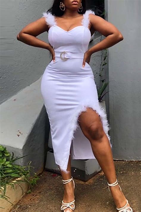 Wholesale White Sexy Solid Patchwork Backless Slit Spaghetti Strap