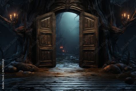 Spooky Haunted House Door Ajar Offering A Peek Into A Dim And Eerie