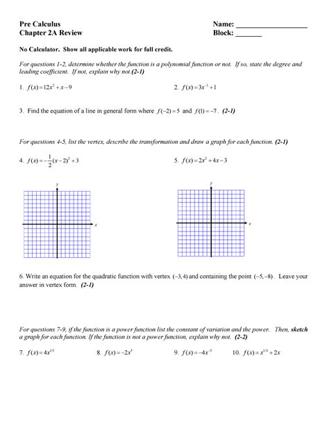 precalc chapter 2a review pre calculus name