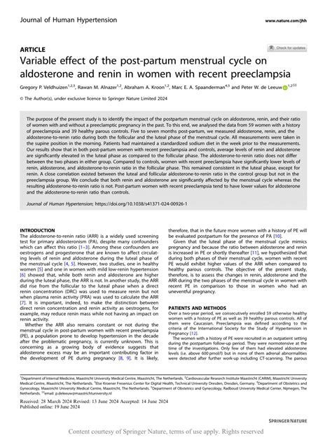 Variable Effect Of The Post Partum Menstrual Cycle On Aldosterone And Renin In Women With Recent