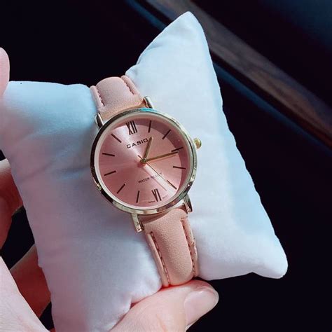 นาฬิกา Casio สายหนัง หน้าปัดชมพู่ สวยมาก สีหวานราคาถูก พร้อมส่ง แถมถ่าน Th