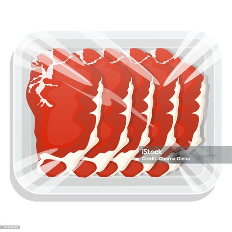 신선한 고기 스테이크 진공 팩에 고기 조각 플라스틱 트레이에 돼지고기와 쇠고기 벡터 그림입니다 소고기에 대한 스톡 벡터 아트 및