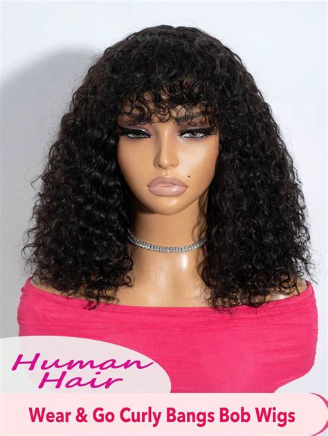 Human Hair Deep Curly Bob Wig With Bangs Water Wave Full Machine Made