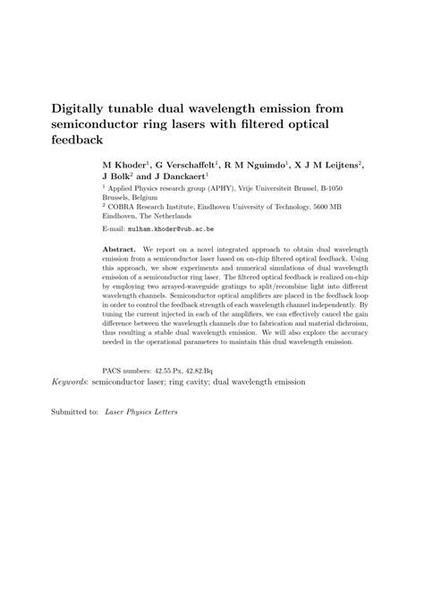 Pdf Digitally Tunable Dual Wavelength Emission From Semiconductor Ring Lasers With Filtered