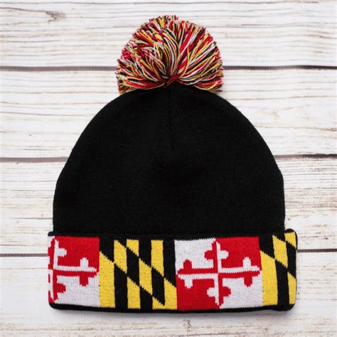 Black Maryland Flag Pompom Knit Beanie Cap