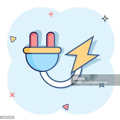 만화 스타일의 전기 플러그 아이콘 흰색 격리 된 배경에 전원 어댑터 만화 벡터 그림 전기 스플래시 효과 사인 비즈니스 개념 갈래에 대한 스톡 벡터 아트 및 기타 이미지