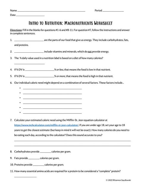Intro To Nutrition Macronutrients Worksheet And Presentation