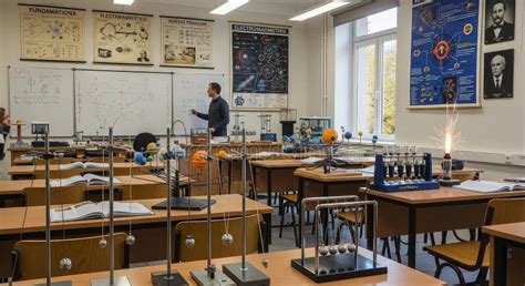 University Physics Classroom With Teacher And Demonstration Equipment