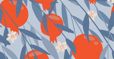 파란 잎을 가진 석류 과일 이음새가 없는 패턴 템플릿입니다 식물 과일 디자인 피는 석류 벡터 플랫 손으로 그린 그림 벡터 Unsplash의 석류 이미지