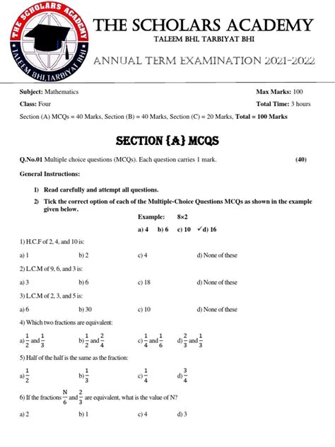Math Class 4 Paper Pdf Multiple Choice Mathematics