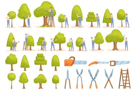 Tree Trimming Icons Set Cartoon Vector Tree Chainsaw
