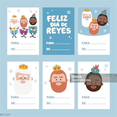 6개의 크리스마스 카드 템플릿 모음입니다 벡터 일러스트 레이 션입니다 인사말 스크랩 예약 축하 초대장을 위한 템플릿입니다 파랑 스페인어로 쓰여진 행복한 주현절 12월에 대한