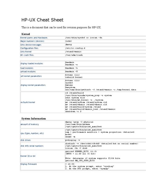 Hp Ux Cheat Sheet A Guide To Kernel Parameters Hardware Information