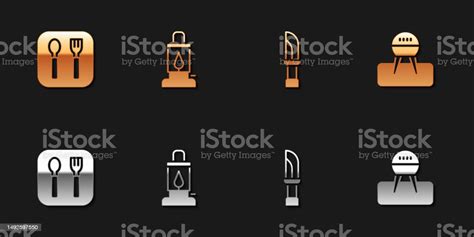 포크와 숟가락 캠핑 랜턴 나이프와 바베큐 그릴 아이콘을 설정합니다 벡터 고기에 대한 스톡 벡터 아트 및 기타 이미지 고기 고풍스런 굽기 Istock