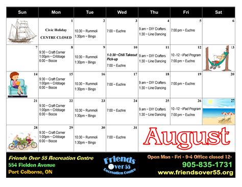 August Calendars Friends Over 55 Recreation Centre