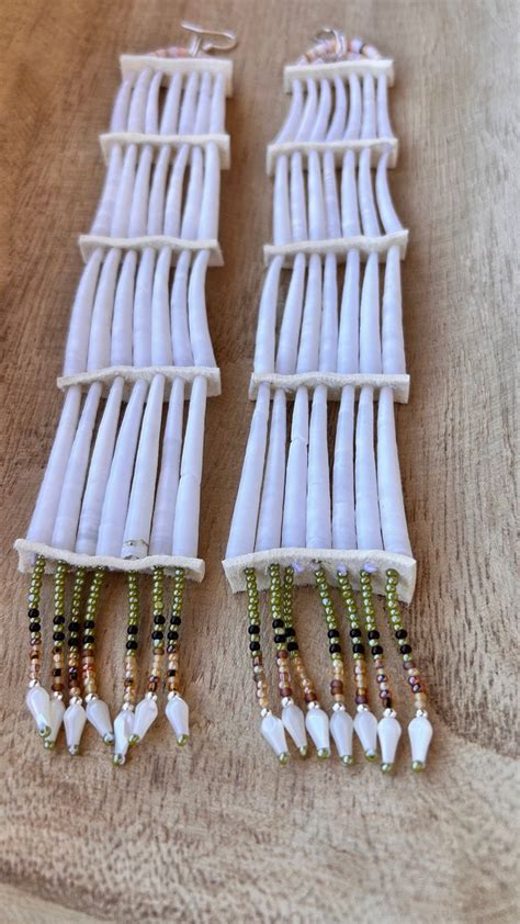 Long Dentalium Shell Earrings With Green Czech Beads Etsy