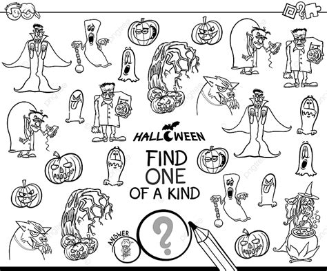 할로윈 테마 캐릭터 색칠하기 책이있는 어린이를위한 종류의 그림 교육 게임 중 하나를 찾는 흑백 만화 그림 게임 할로윈 의 Png 일러스트 및 벡터 에 대한 무료