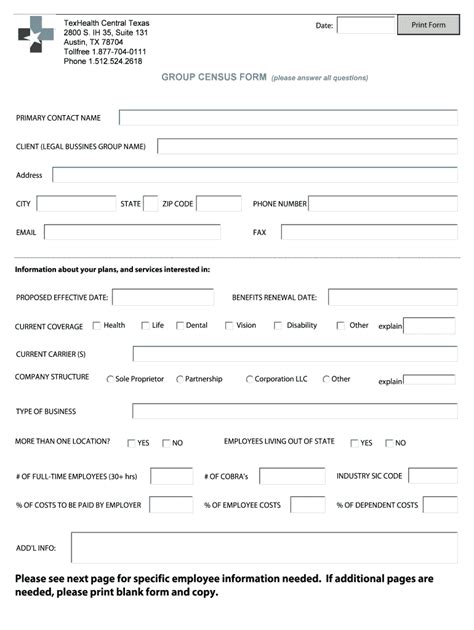 Fillable Online Texhealthct Group Census Form Please Answer All
