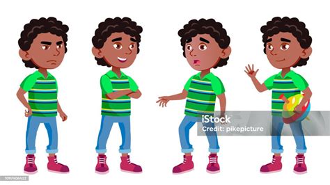 블랙 아프리카 미국인 소년 유치원 아이 포즈 설정된 벡터 유치원 어린 시절 친구입니다 표지 현수막 디자인 격리 된 만화 일러스트 레이 션 벡터에 대한 스톡 벡터 아트 및