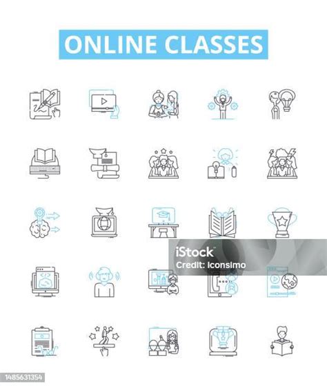 온라인 수업 벡터 라인 아이콘이 설정되었습니다 온라인 수업 학습 E러닝 원격 가상 웨비나 일러스트레이션 개요 개념 기호 및 기호 가상현실에 대한 스톡 벡터 아트 및 기타
