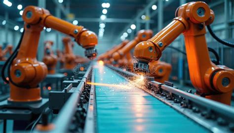Orange Robotic Arms Work On Assembly Line Sparks Fly Automated Machinery Weld Metal Parts At