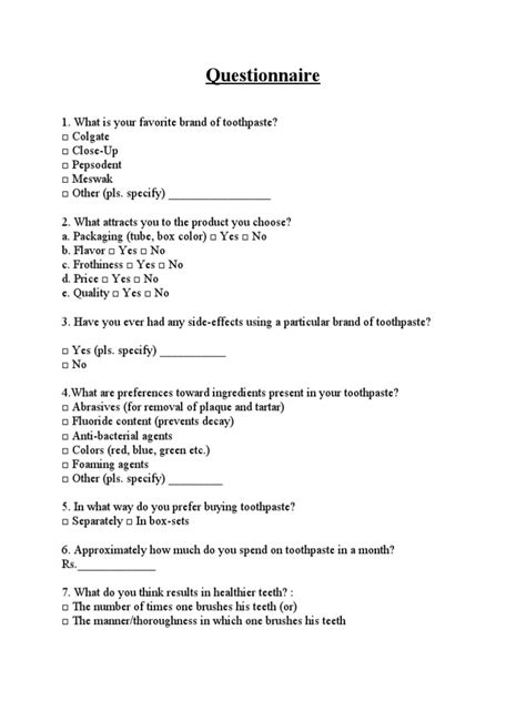 Questionnaire On Toothpaste Pdf