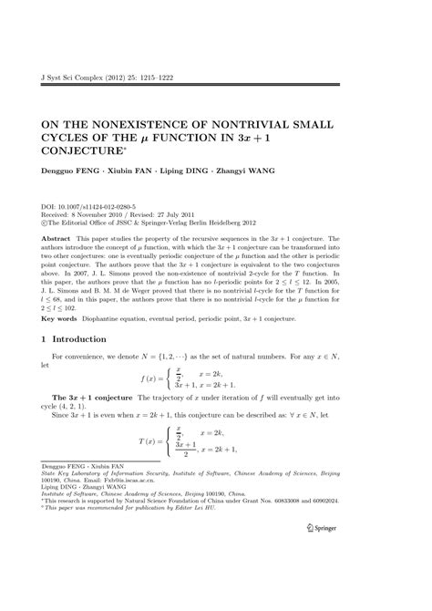 Pdf On The Nonexistence Of Nontrivial Small Cycles Of The µ Function In 3x1 Conjecture