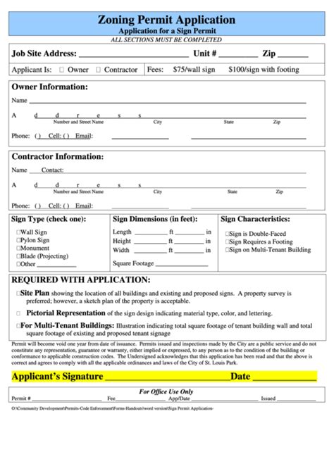 Zoning Permit Application Form Application For A Sign Permit