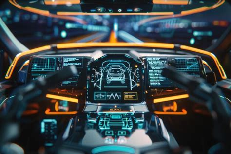 Futuristic Driverless Car Cockpit With Hud Gui And Iot Premium Ai