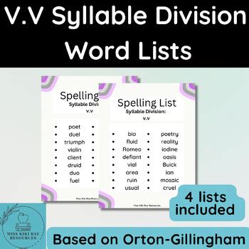V V Syllable Division Word Lists Spelling Labeling And Vocabulary Work