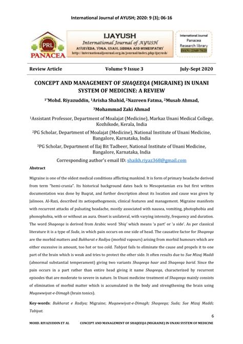Pdf Mohd Riyazuddin Et Al Concept And Management Of Shaqeeqa Migraine In Unani System Of