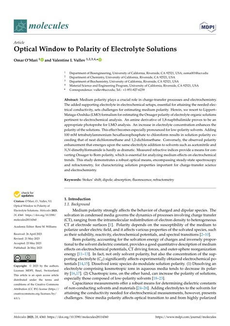 Pdf Optical Window To Polarity Of Electrolyte Solutions