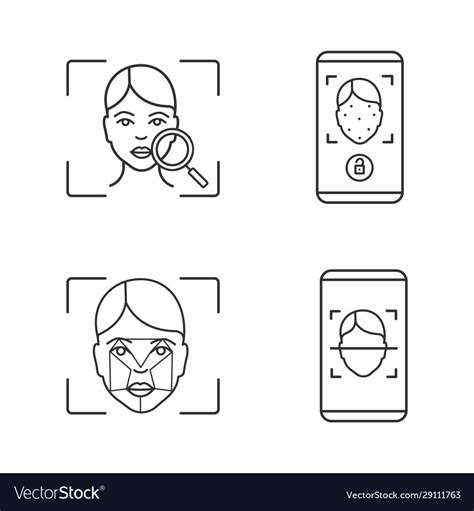 Facial Recognition Linear Icons Set Royalty Free Vector