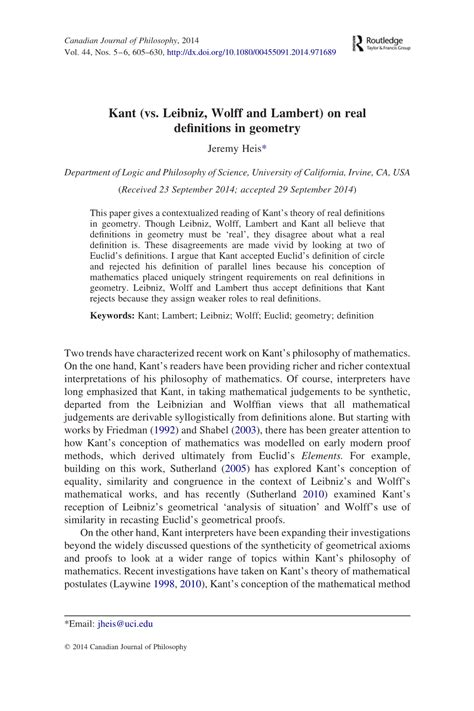 Kant Vs Leibniz Wolff And Lambert On Real Definitions In Geometry