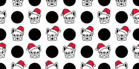 개 원활한 패턴 크리스마스 프랑스 불독 산타 클로스 모자 벡터 머리 물방울 무늬 스카프 고립 만화 반복 배경 타일 벽지 일러스트
