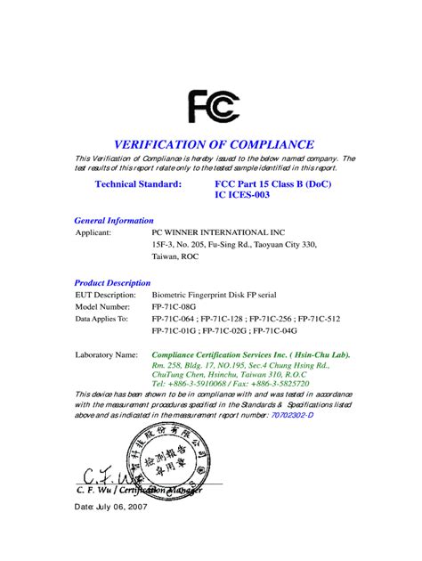 Fillable Online Technical Standard Fcc Part 15 Class B Doc Ic Ices 003 Fax Email Print